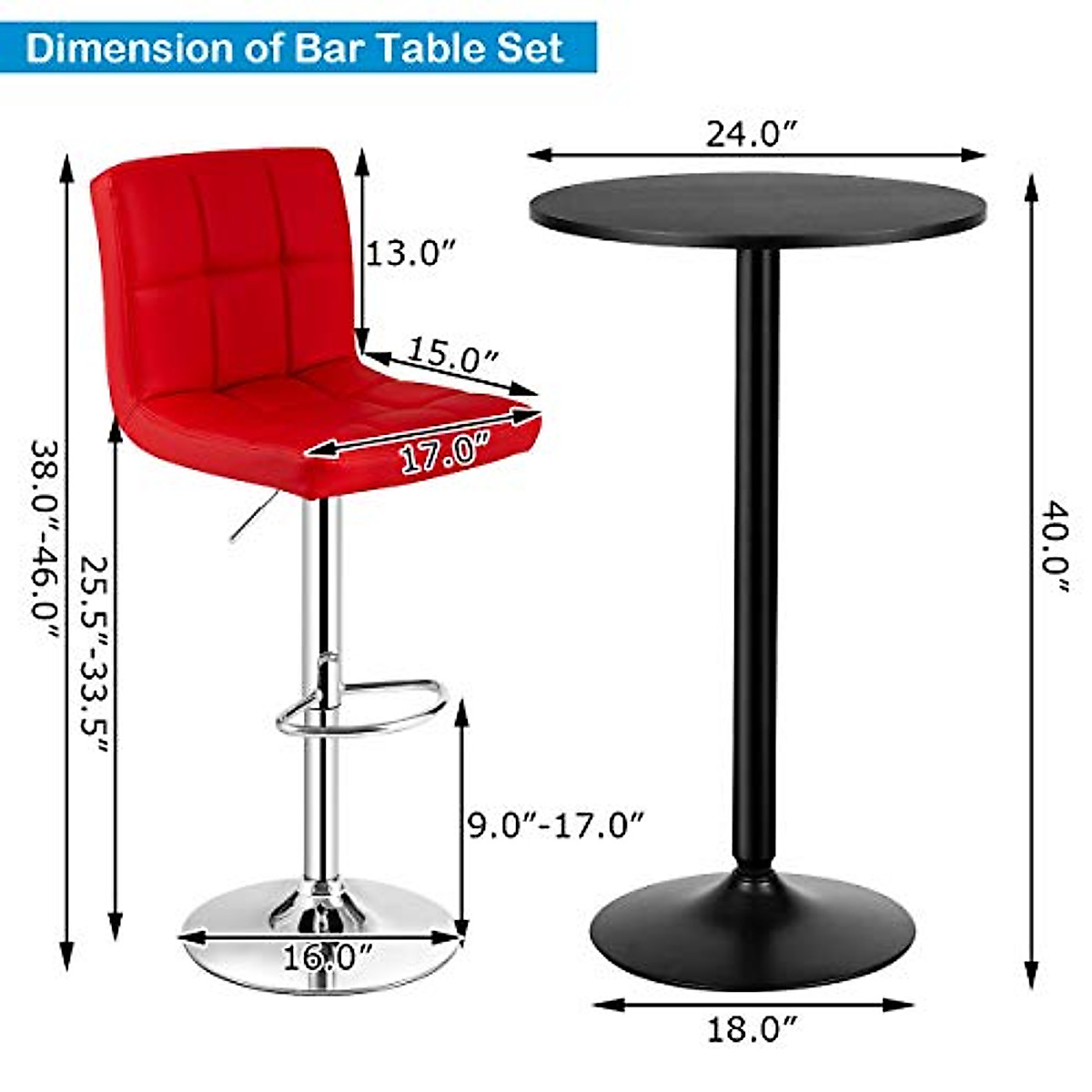 COSTWAY 3-Piece Bar Table Set, Round Cocktail Table and PU Leather Adjustable Swivel Chairs, Modern Counter Height Table Set with 2 Bar Stool for Kitchen, Office (Red)