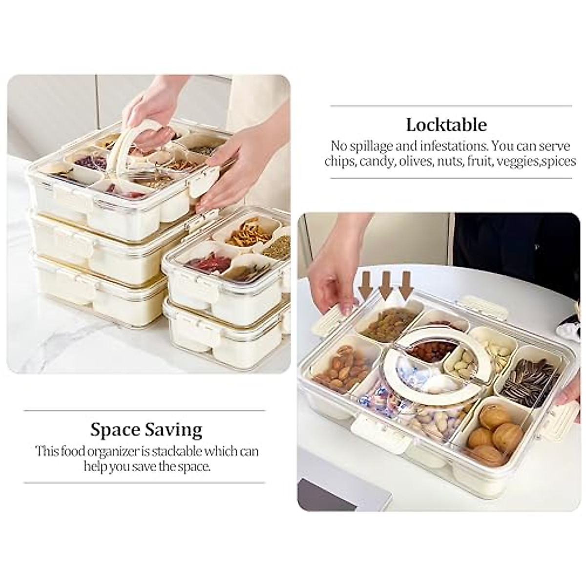 YouLike Divided Snackle Box 2Pack Charcuterie Container With Handles And Lids 8 Compartment Fruit Serving Tray for Veggie Appetizer Platter for Fridge Stackable Food Storage Box