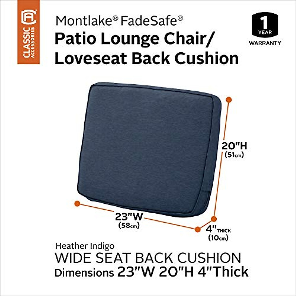 Classic Accessories Montlake FadeSafe Water-Resistant 23 x 20 x 4 Inch Patio Lounge Back Cushion, Heather Indigo Blue, Outdoor Loveseat Cushions