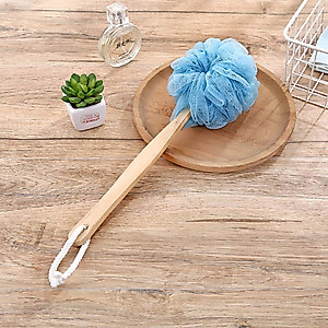 Arswin Loofah Back Scrubber for Shower,Wooden Handle Bath Sponge Lufa Shower Brush, Soft Nylon Mesh Back Cleaner Washer, Body Brush for Women&Kids Bathroom Shower Accessories (Blue)