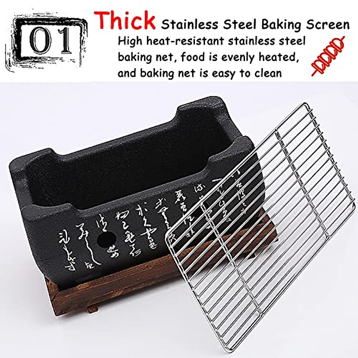 Hibachi Grill Japanese Tabletop Charcoal Grill Table Top Portable Charcoal Grill Barbecue Grill Portable Barbecue Stove with Wire Mesh Grill and Wooden Base for Home Party