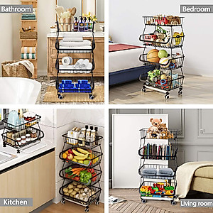 Buruis 4 Tier Stackable Storage Baskets, Metal Wire Fruit Vegetable Basket Organizer Bins with Casters, Adjustable Anti-Skid Feet, Plastic Tray, Utility Rack for Kitchen, Pantry, Bathroom (Black)