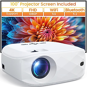 HAPPRUN Projector, 5G WiFi Bluetooth Projector, Native 1080P Portable Projector with Screen and Bag, Support 4K, Zoom, 300" Outdoor Movie Projector Compatible with iOS/Android/TV Stick/PS5
