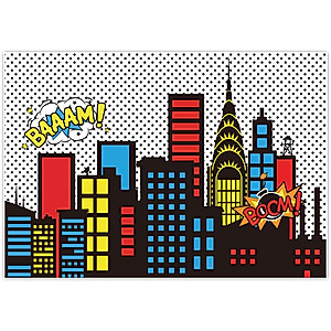 Allenjoy 96" x 72" Superhero Themed Backdrops Super City Skyline Buildings Children Birthday Supplies Favors Decorations Photography Party Event Banner Photo Studio Booth Background Baby Shower Vinyl
