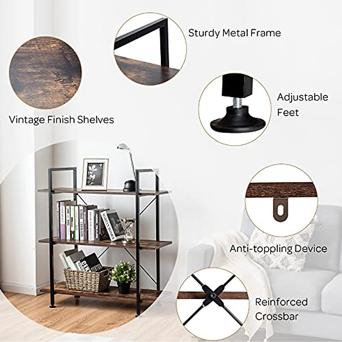 Giantex 3-Tier Bookshelf Industrial Style Bookcase Vintage Wood Bookshelves with Metal Frame, Home and Office Organizer, Storage and Display Rack, Rustic Brown