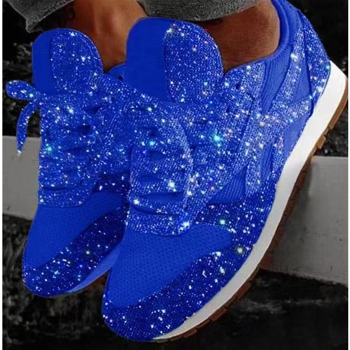 Glitter Tennis Sneakers for Women's Fashion Slip On Lace Up Sport Shoes Ladies Comfy Crystal Bling Sparkly Breathable Lightweight Walking Dress Shoes Orthotic Flat Heel Sneakers (Color : Dark Blue,