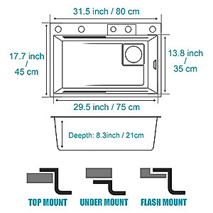 MWIDCIEW Drop In Kitchen Sink Gunmetal Gray Stainless Steel Waterfall Kitchen Sink with Pull Down Sprayhead Faucet Single Bowl Kitchen Sink Workstation with Multiple Accessories (31.5 x 17.7 inch)
