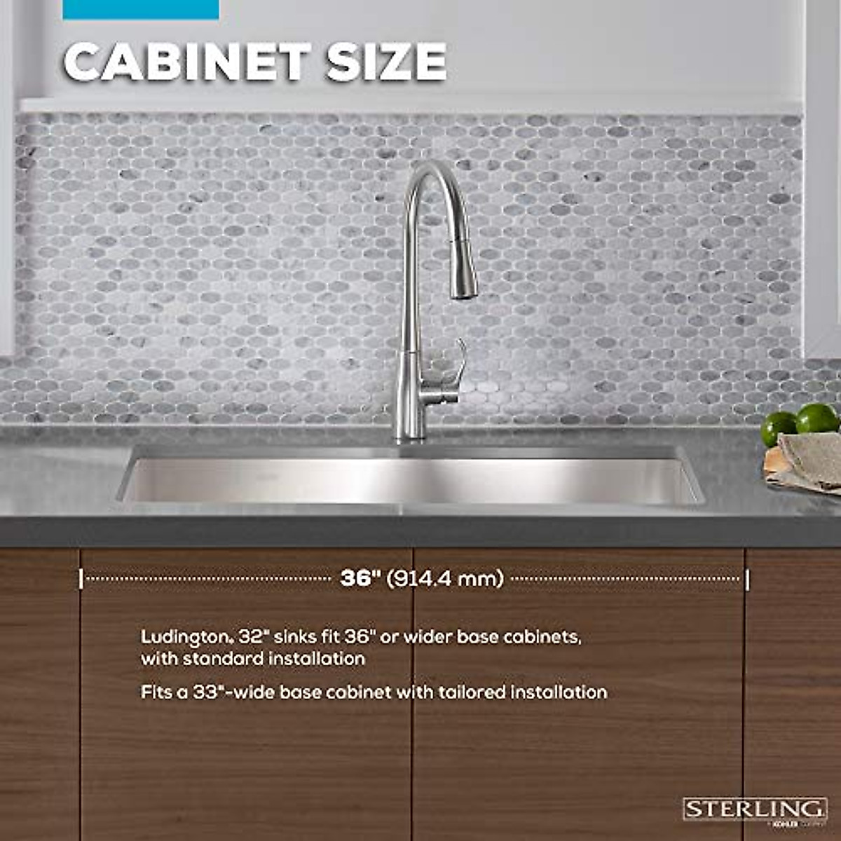 Kohler K-20022-PC-NA Sterling Ludington 32" Under Mount Single Bowl Kitchen Sink with Accessories, 32 inch, Stainless Steel