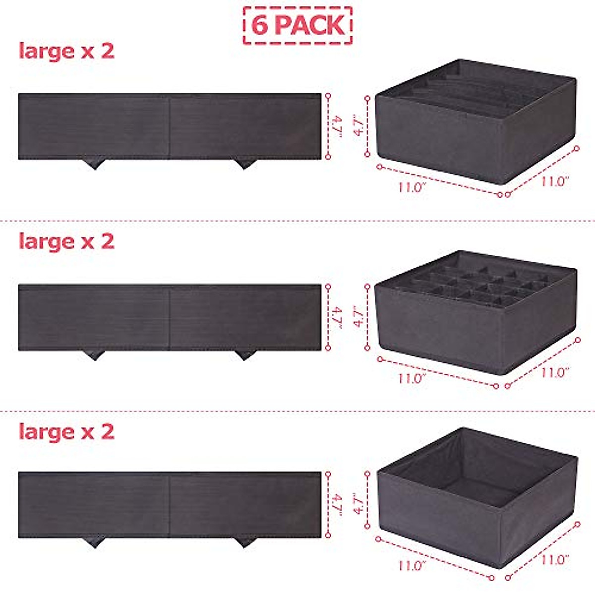 DIOMMELL 6 Pack Foldable Cloth Storage Box Closet Dresser Drawer Organizer Fabric Baskets Bins Containers Divider for Clothes Underwear Bras Socks Lingerie Clothing, Dark Grey 22-2000