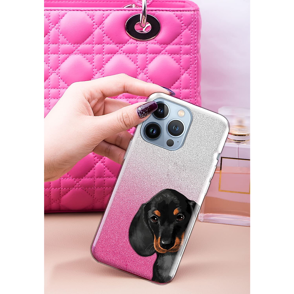 FINCIBO Shiny Sparkling Silver Pink Gradient 2 Tone Glitter TPU Protector Case Cover Compatible with Apple iPhone 13 Pro 6.1 inch 2021 - Dachshund Puppy Dog Hide and Seek