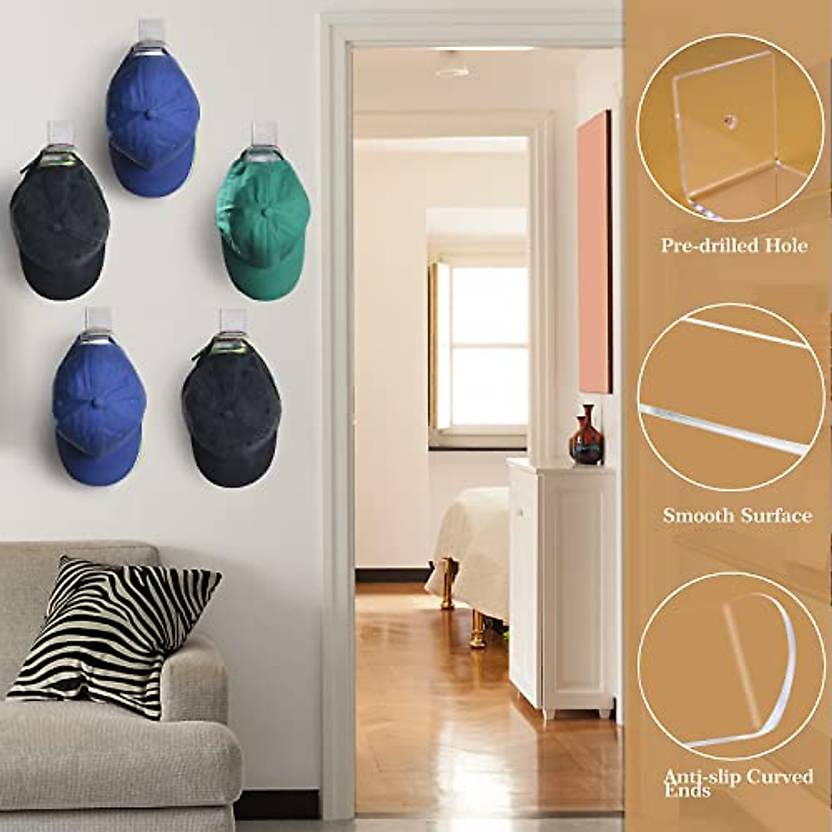 KEVTVEK 5 Pack Wall Mount Hat Racks for Baseball Caps, Strong Adhesive Hat Hooks Cap Holder, Easy Installation Acrylic Hat Storage Organizer, Multipurpose Hat Hangers for Wall, Closet, Door, Bedroom