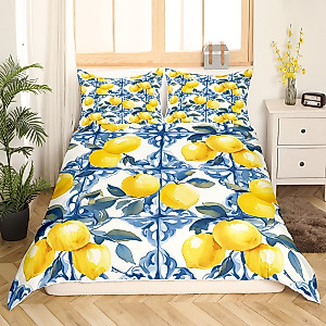 Feelyou Lemon Kids Duvet Cover Queen Size, Yellow Lemon Bedding Set Fruit Comforter Cover Blue Boho Bedspread Cover Kids Room Decor Breathable Quilt Cover (No Comforter)