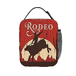 MSUGU Insulated Lunch Bag Reusable Tote Bag lunch box for men Rodeo Cowboy Riding Bull Wooden Old Sign Western Style Wilderness At Sunset Image Theme women cooler bag