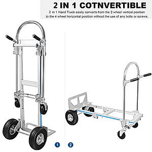 TOPDEEP 2 in 1 Aluminum Hand Truck, Industrial Convertible Hand Truck and Dolly 1000 LBS Capacity, Heavy Duty Hand Truck Flatform Cart with 10" Hi Tech Rubber Wheels