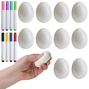 12 White Squishy Easter Eggs for Easter Hunts, Stress Relief and Party Favors - 12 Soft Slow Rising White Eggs with 8 Color Markers for Design and Personalization, Great Easter Gift and Basket Stuffer