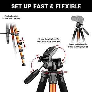 Camera Tripod, 72" Camera Tripod Stand with Remote, Heavy Duty Tripod for Video, Aluminum Tripod Stand with Bag, Complete Tripod Unit for Canon Nikon Sony, Perfect for Phone & Camera Photography