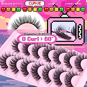 Goddvenus Fluffy Mink False Eyelashes, 7 Pairs D Curve Wispy Cat Eye, Soft Faux Mink Lashes with Clear Band, Reusable False Eyelashes for Daily Beauty