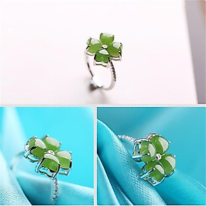 LSCZSLYH Classic Jade Green Clover Ring For Lady Anniversary Accessories Gift Fashion 925 Sterling Silver Ring Women Jewelry Adjustable (Gem Color : Ring)
