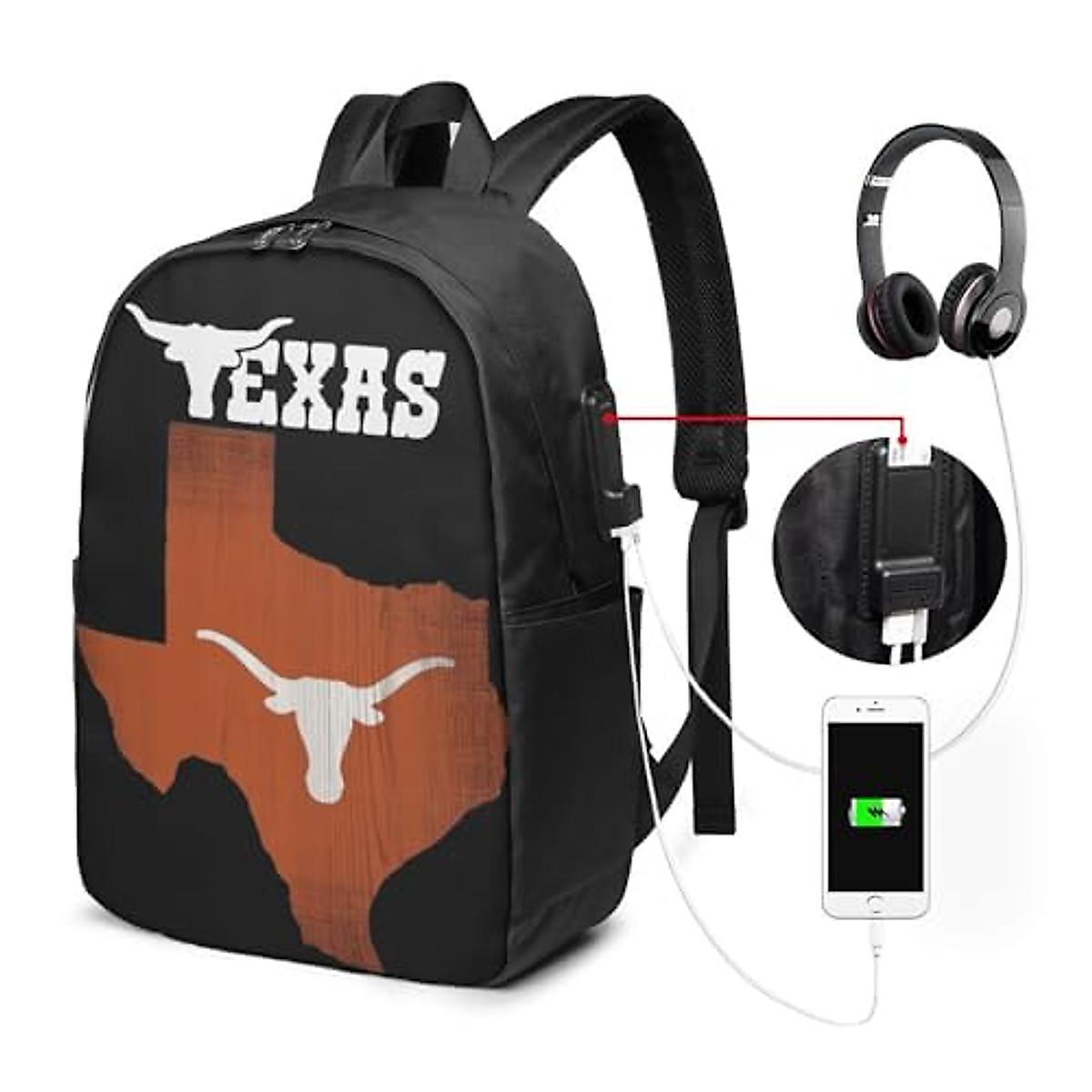 VNCXCNCN I Love TEXAS Laptop Backpack Classic Backpack Music Elements Travel Backpack Sports Backpack With USB port