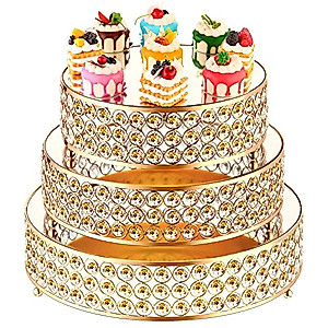 3 Pieces Crystal Beads Cake Stand Set Round Gold Plated Cupcake Stand Holder with Mirror Crystal Dessert Display Stand Cookies Fruit Serving Tray for Wedding Birthday Party Supplies, 10/ 12/ 14 Inches
