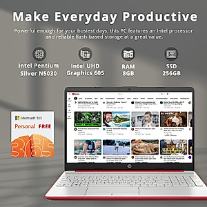 HP 15.6” HD Student Laptop, Intel Pentium Silver N5030, 8GB RAM, 256GB PCIe SSD, Intel UHD Graphics, HD Webcam, Numpad, Wi-Fi 5, Bluetooth, Win 10 S, Red, 32GB Snowbell USB Card
