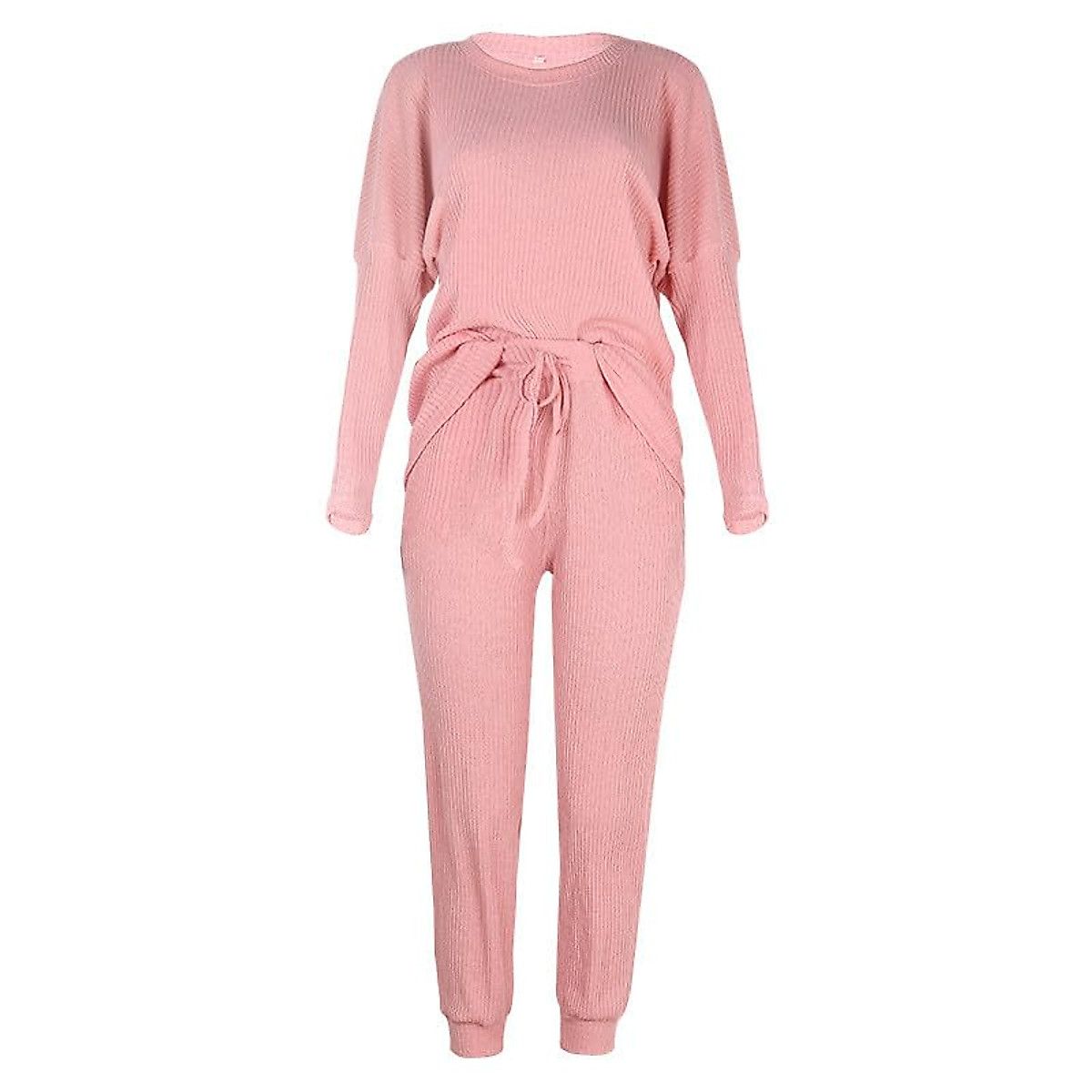 Sruiluo Two Piece Comfy Pjs Sets Crewneck Knitted Long Sleeve Sleepshirt and Drawstring Cinch Bottom Pants Casual Homewear Pink