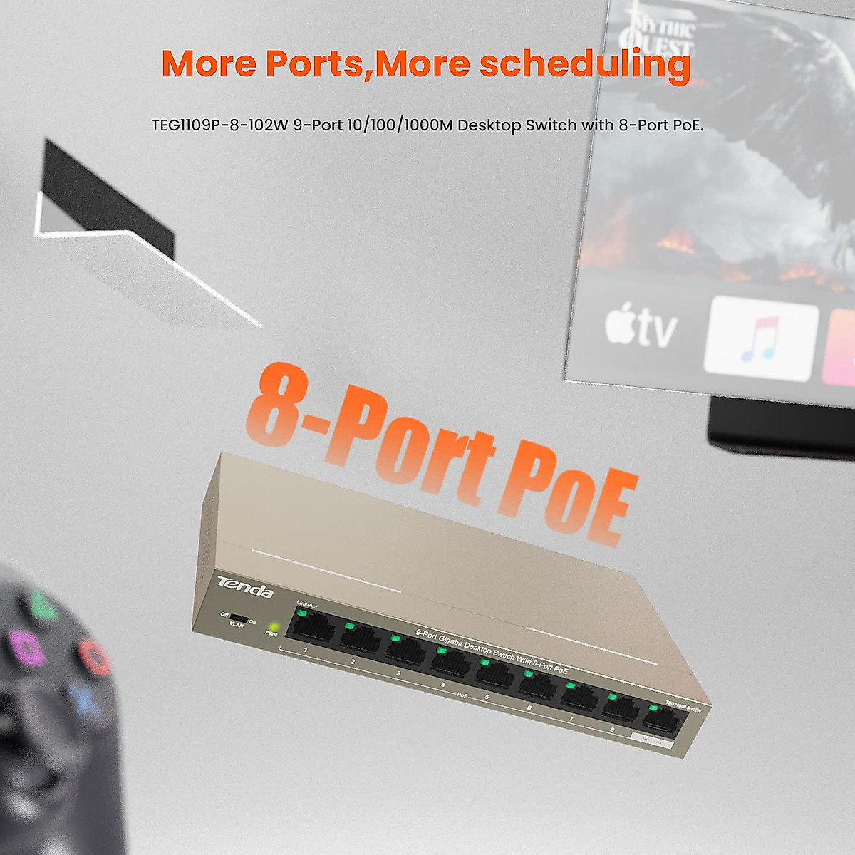 Tenda TEG1109P, 8 Port Gigabit PoE Switch Compatible with IEEE 802.3af/at Devices, Unmanaged PoE Switch with 8 Port PoE+@102W, w/ 1 Uplink Gigabit Port, Metal Design, Limited Lifetime Protection