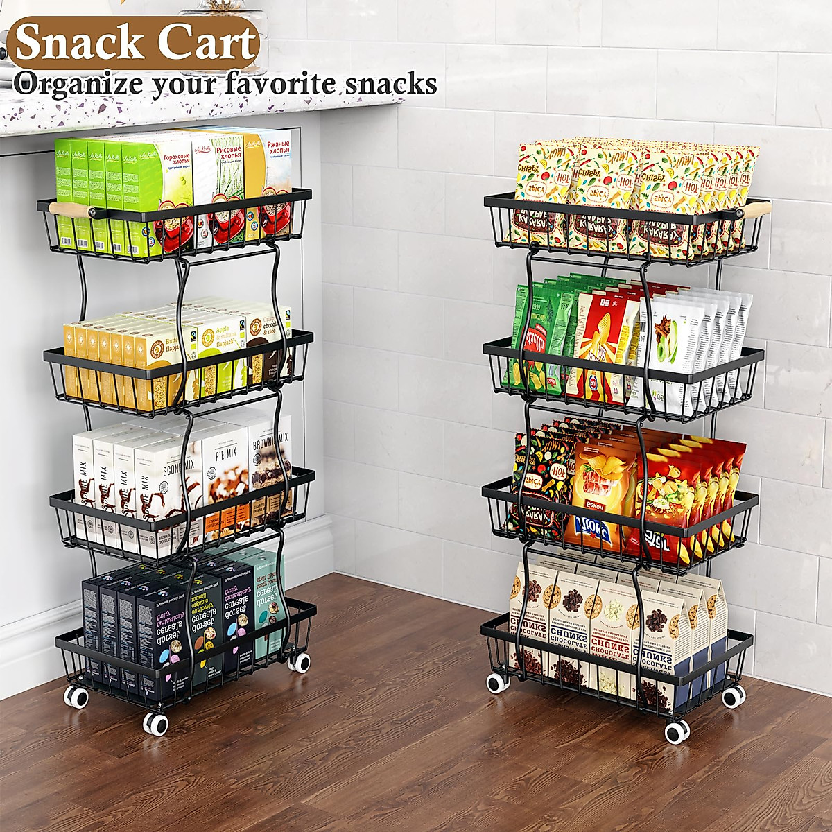 OKZEST Fruit Basket, 4-Tier Small Kitchen Organizer and Storage Cart on Wheels, Rolling Pantry Snack Cart with Handle for Storing Fruit, Potato, Onion, Snacks, Vegetables, Bread, Produce