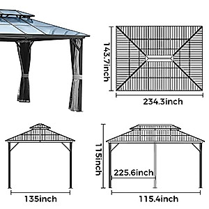 OUTMOTD 10x12 ft Polycarbonate Double Roof Gazebo with Netting and Shaded Curtains, Outdoor Gazebo 2-Tier Hardtop Galvanized Iron Aluminum Frame for Patio, Backyard, Deck and Lawns, Parties