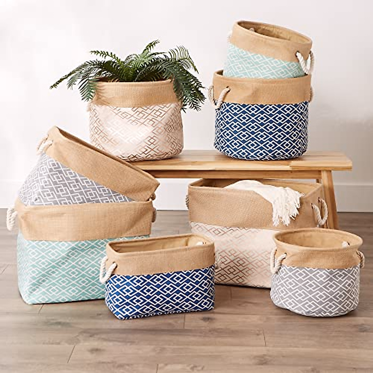DII Jute Storage Collection Collapsible Burlap Diamond Storage Bin, Small Rectangle, 14x8x9", Navy