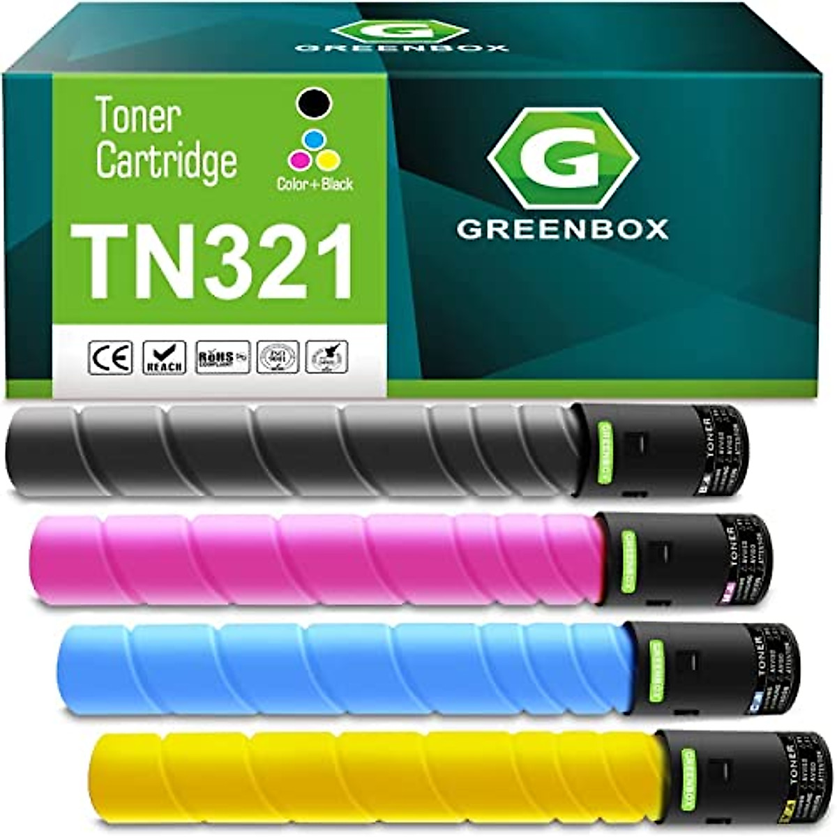 GREENBOX Remanufactured TN321 TN322 TN220 TN221 TN323 Toner Cartridge Replacement for TN321 TN-321 Konica Minolta BizHub C224e C364e C284e C224 C284 C364 Printers (27,000 Pages, KCMY, 4-Pack)