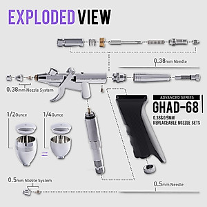 Gaahleri Airbrush Kit, Airbrush Gun Dual Action Gravity Feed Set, 0.38 & 0.5mm Needles, 1/2 & 1/4 OZ Fluid Cup, Multi-Purpose Air Brush Makeup Model Coloring Painting Nail Art Tattoo