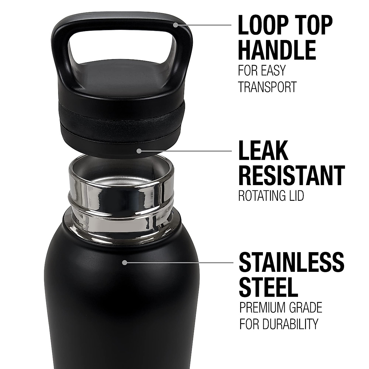 Black Adam OFFICIAL Character Bolt Black 24 oz Insulated Canteen Water Bottle, Leak Resistant, Vacuum Insulated Stainless Steel with Loop Cap