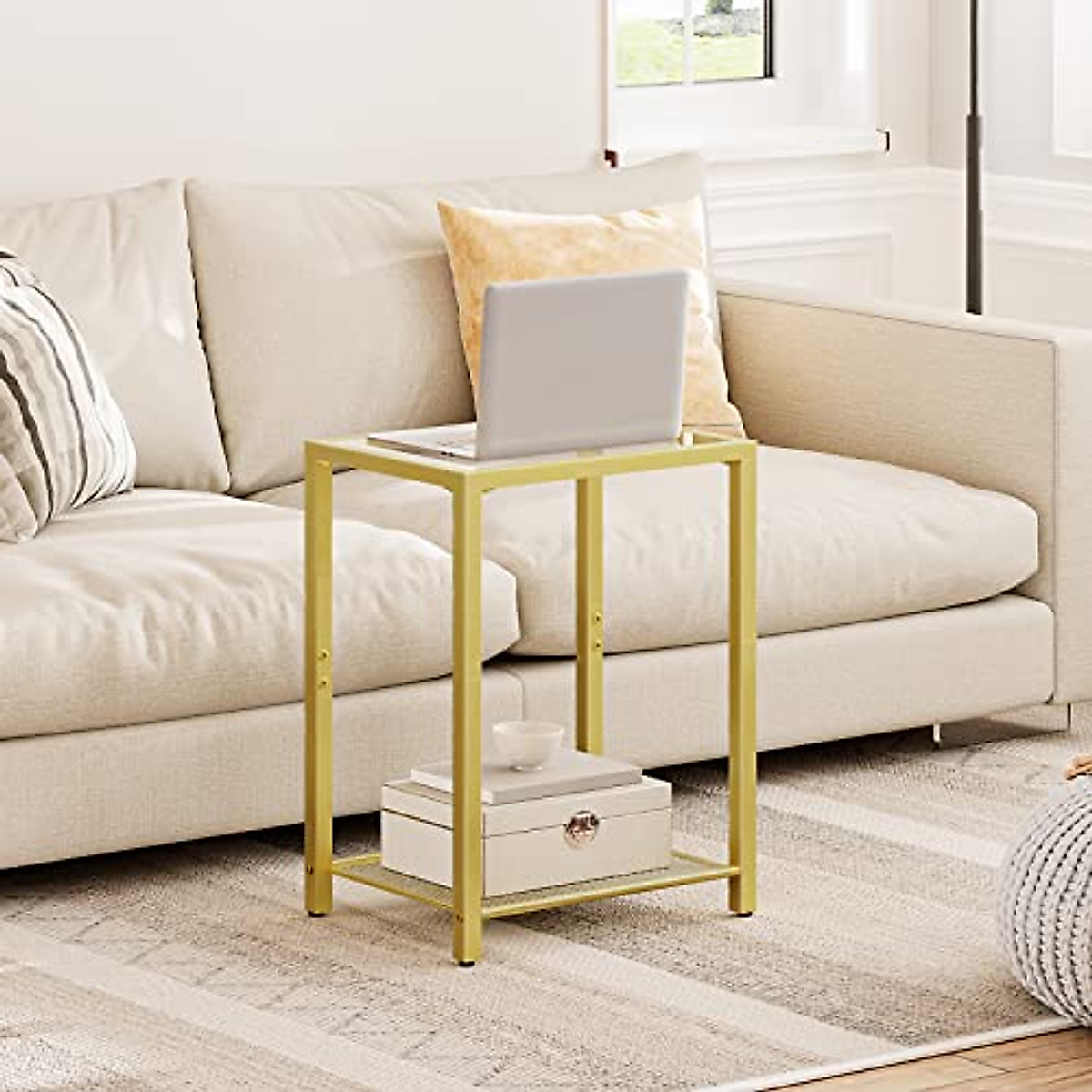 HOOBRO Set of 2 Side Tables, 2-Tier End Table, Nightstands for Tight Spaces, Tempered Glass Bedside Tables, Modern Metal Frame, for Office, Bedroom, Living Room, Study, Gold GD76BZP201