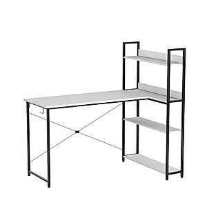 CubiCubi Computer Corner Desk with Storage Shelves, 55 Inch Reversible Small L Shaped Computer Desk, Home Office Writing Desk with 2 Hooks, White