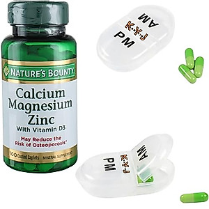 Nature's Bounty Calcium Magnesium Zinc with Vitamin D3 Caplets - 100 Count - Bonus: AM-PM Small Pocket Mini Pill Case