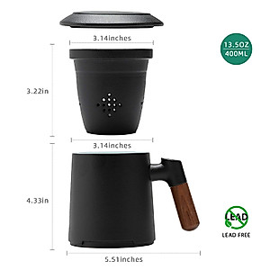 ZENS Tea Cup with Infuser and Lid, 16.8 Ounce Black & Green Gradient Embossed Large Loose Tea Mug and 13.5 Ounce Black Stoneware Glazed Ceramic Tea Cup