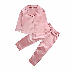 Toddler Baby Kids Satin Pajamas Set, Long Sleeve Button-Down Sleepwear PJs for Girls (3Y, A-Pink)