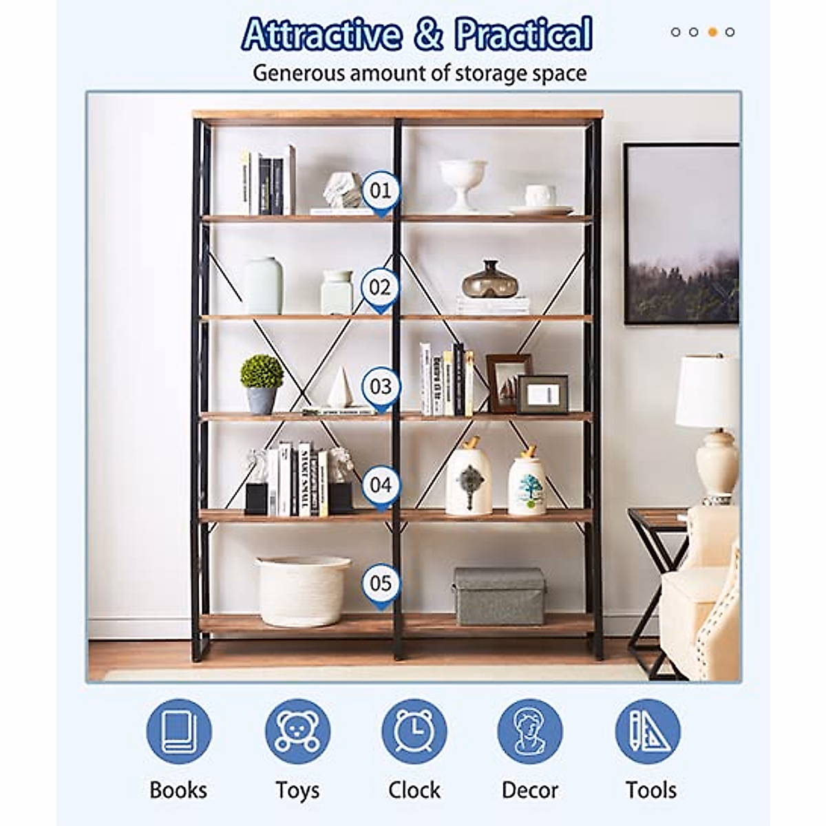 O&K FURNITURE Double Wide 6-Shelf Bookcase, 80.7” Industrial Large Open Metal Bookcases Furniture, Etagere Bookshelf for Home & Office, Vintage Brown