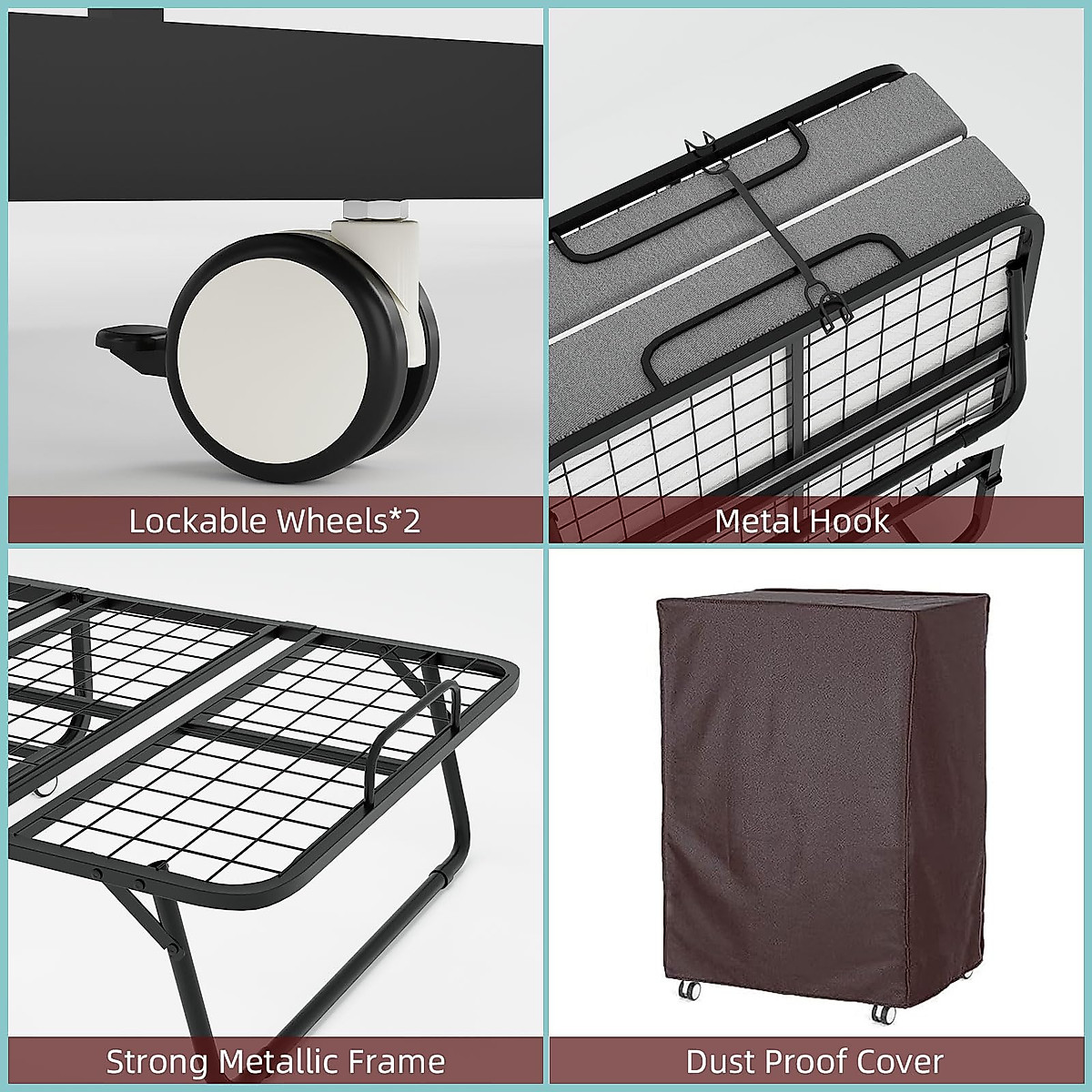 MUTUN Folding Bed with Mattress, Upgraded 5" Memory Foam Mattress Portable Foldable Guest Bed for Adults, Cot Fold Up Day Bed Rollaway Bed with Metal Frame on Wheels, Bed Cover Included 75" x 31"