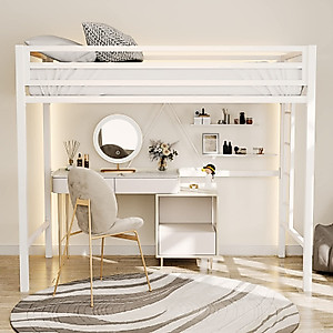 ikalido Twin Size Loft Bed, Multifunctional Metal Twin Bed with Safety Guard & Removable Ladder, Space-Saving Bed Frame for Small Bedroom, Matte White