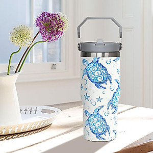 Sea Turtle Gift Tumbler with Handle and Straw, Stainless Steel Vacuum Insulated Flip Straw 30 oz Sea Turtle Tumbler Spill Proof Coffee Travel Mug Sea Turtle Gifts for Women