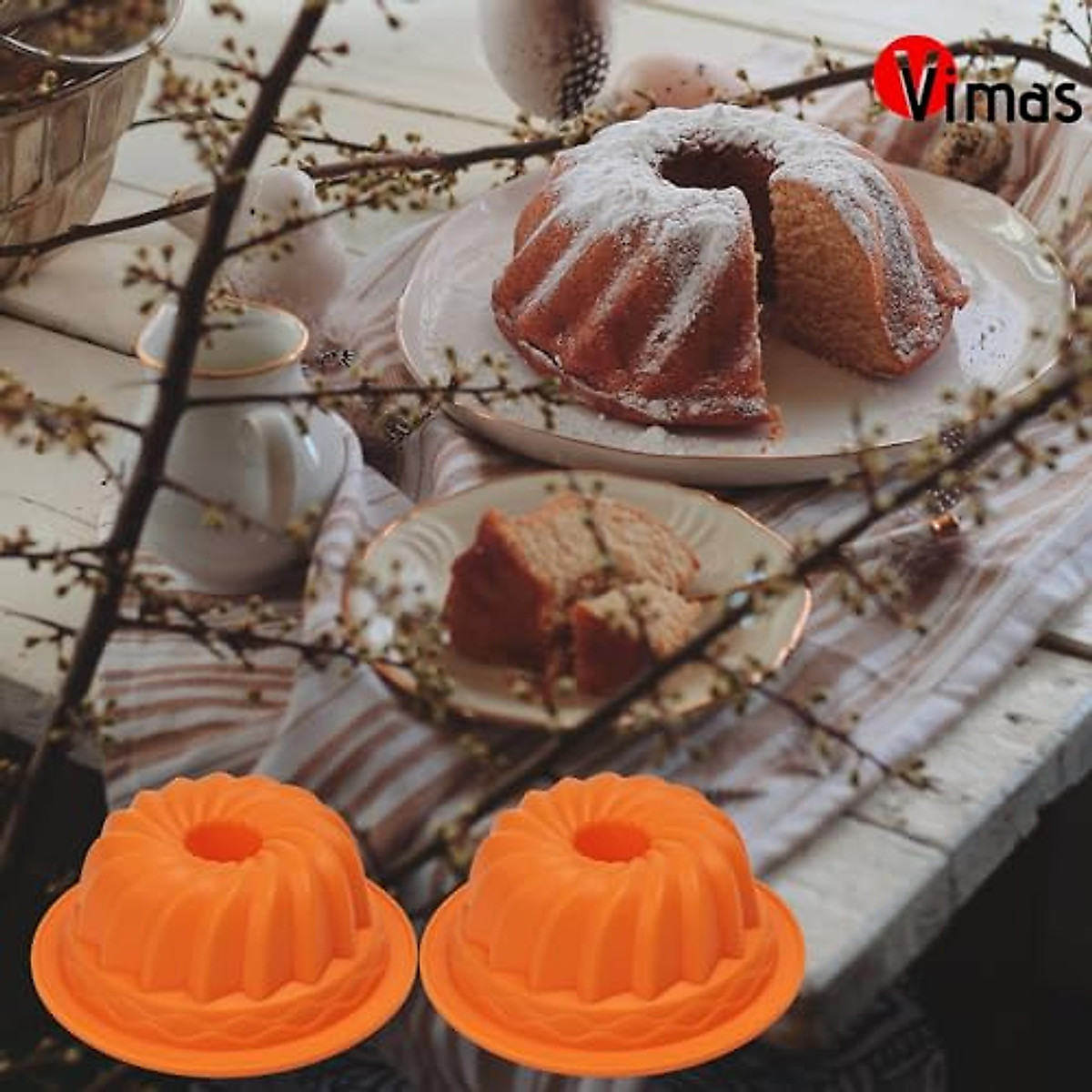 Vimas 4 PCS Extra-Thick Silicone Fluted Cake Pan, 4 IN Silicone Tube Cake Pan, Nonstick Baking Molds for Muffin, Jello and Gelatin (Orange)
