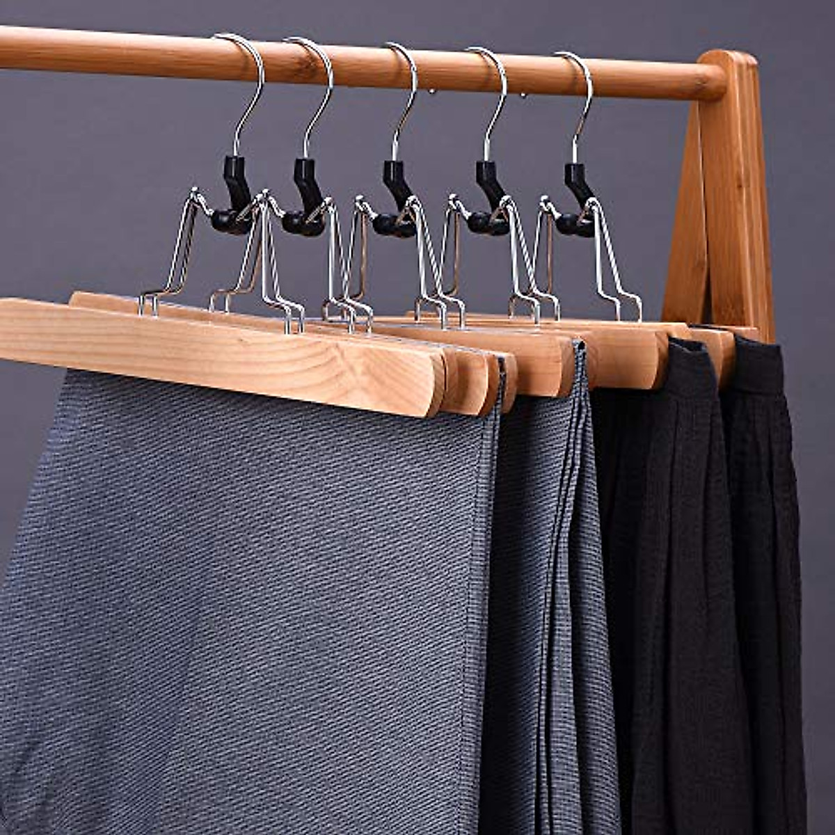 JS HANGER Wood Pants Hangers, 12 Pack Non Slip Wood Skirt Hangers, Smooth Finish Wood Jeans/Slack Hanger with 360° Swivel Hook, Natural Finish