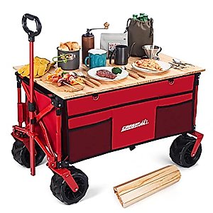Utility Folding Wagon Garden Carts with Wood Roll Table, Heavy Duty Wagon Shopping Cart for Sports Outdoor Camping Fishing (with Wood Roll Table)