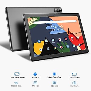 PRITOM M20 10'' Tablet with Case, Android 12 Tabletas, 3G RAM, 64 GB ROM, 512 GB Expandable, Quad-Core 1.6GHz Processor, 6000mAh, HD IPS Touchscreen, Dual Camera, WiFi 6, Bluetooth, FM, USB C