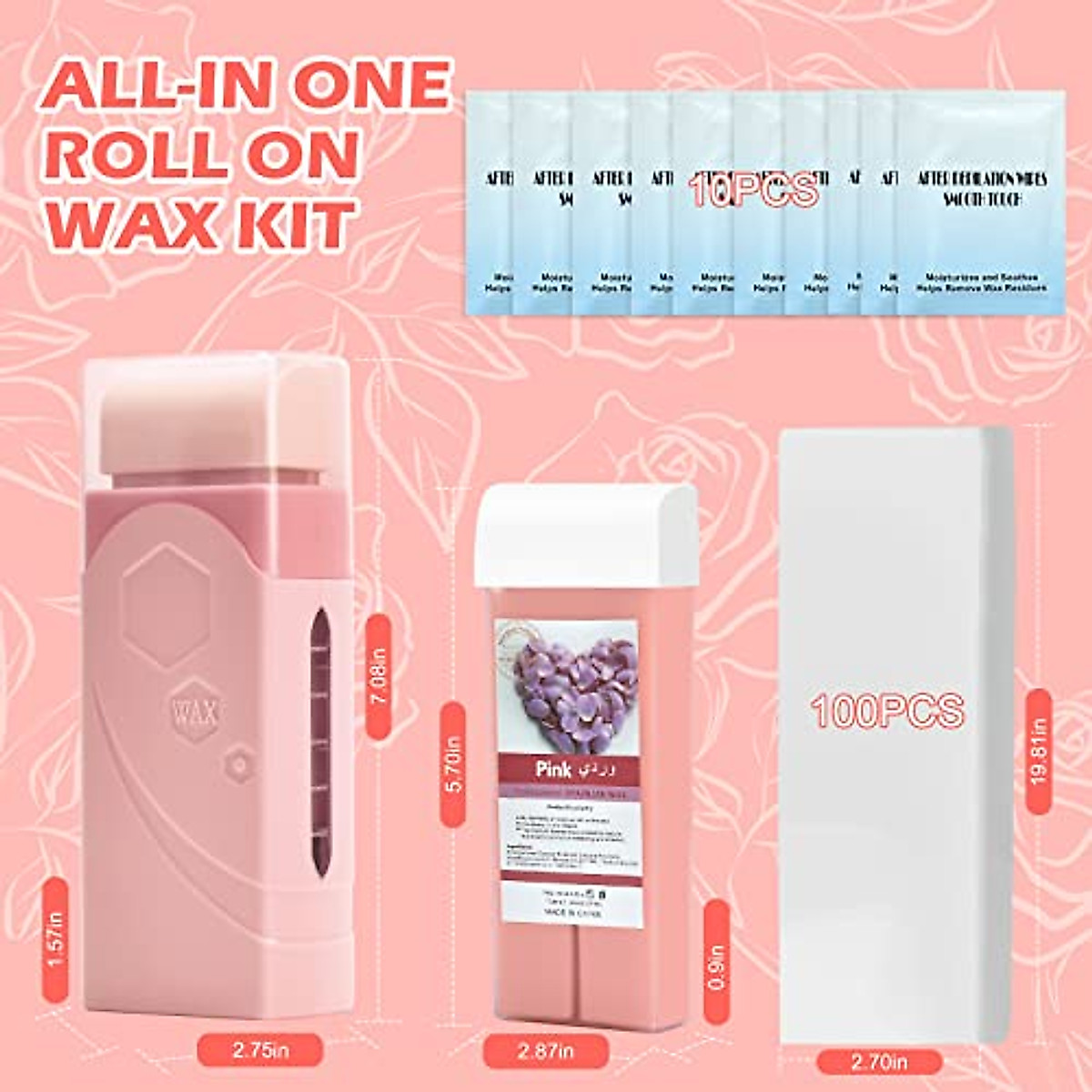 Roll On Waxing Kit, Depilatory Roll On Wax Warmer for Hair Removal with 2 Rose Cartridges Refill 10 Wax-removing Wipes and 100pcs Wax Strips, At Home Waxing Kit for Women and Men