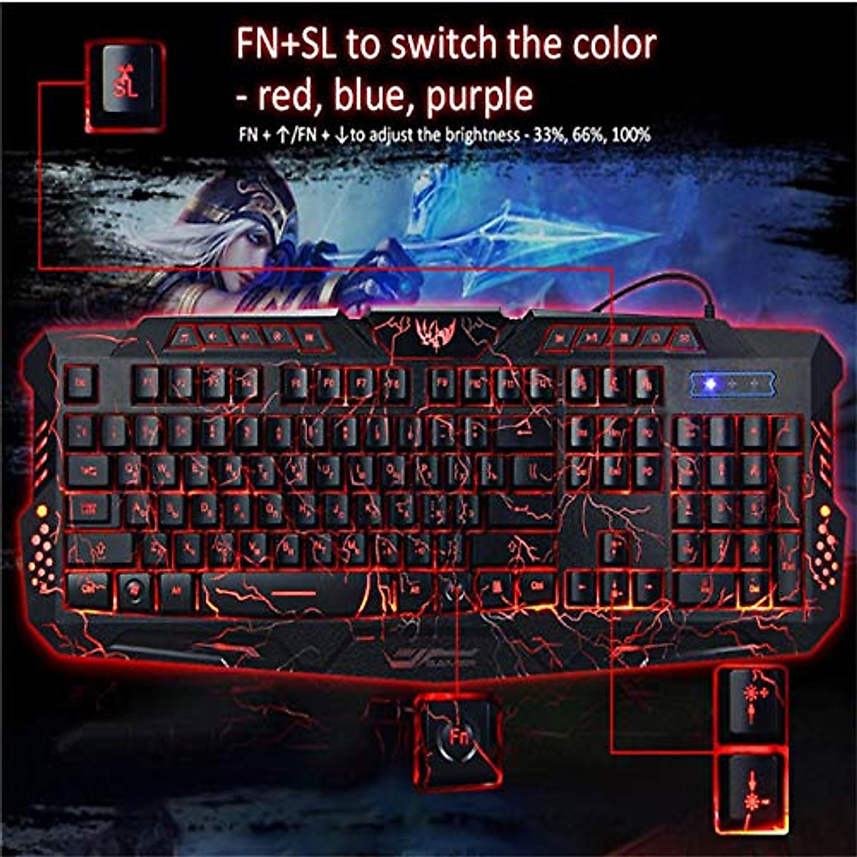 FAIYIWO Excelvan M-200 3 Colors Backlight Wired Gaming Keyboard Fire Cracks FAIYIWO