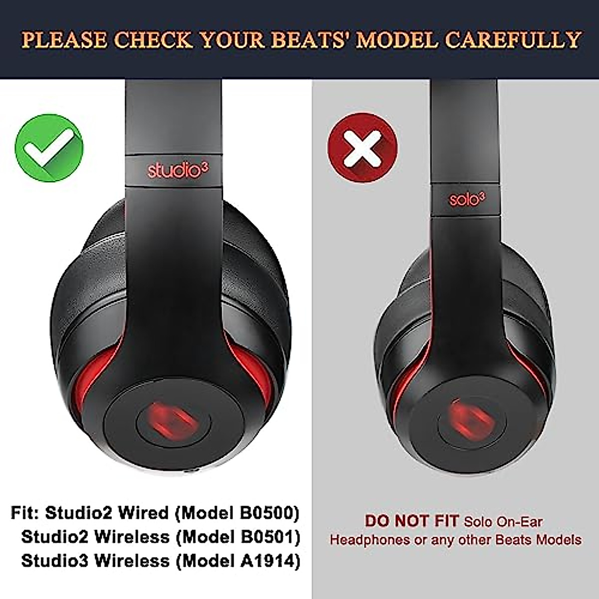 SoloWIT Cooling Gel Replacement Ear Pads Cushions for Beats Studio 2 & Studio 3 Wired & Wireless Headphones, Earpads with High-Density Noise Isolation Foam, Added Thickness - Black