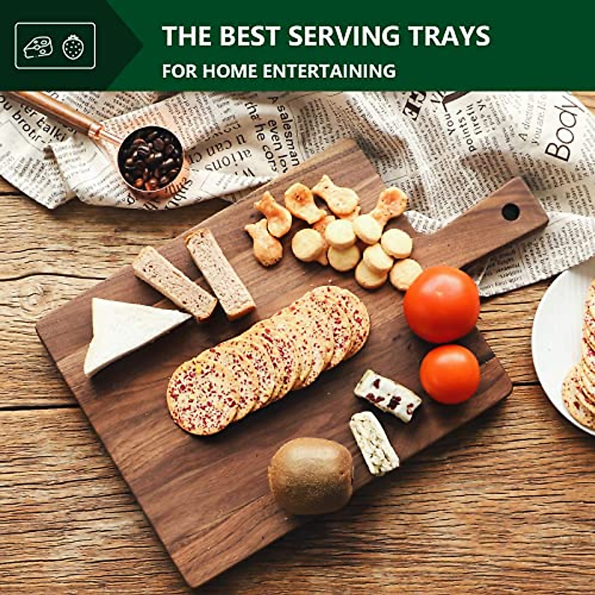 VANDROOP Walnut Cutting Board with Handle, Hanging Wood Cutting Board/Butcher Board/Cheese Bread Board/Cooked Food Board Kitchen,16" x 10" x 0.8" Square Cutting Board,Charcuterie Boards